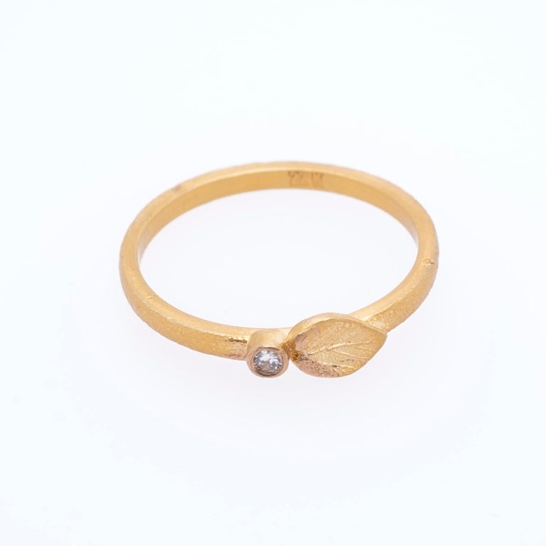 Delicate Single Leaf and Diamond Ring in 24kt Solid Gold For Sale at ...