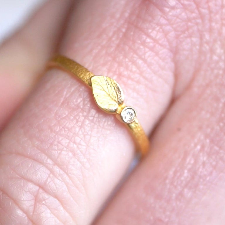 Delicate Single Leaf and Diamond Ring in 24kt Solid Gold For Sale at ...