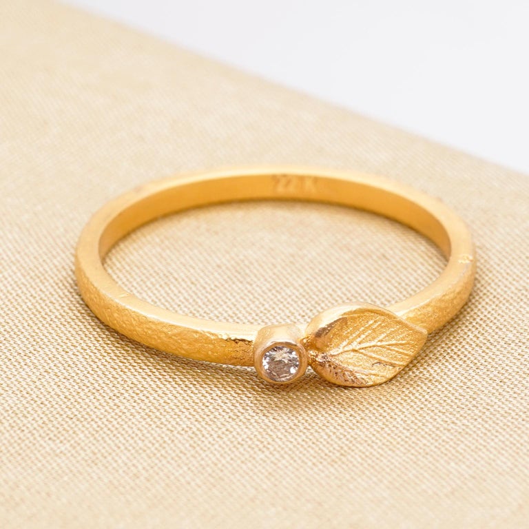 Delicate Single Leaf and Diamond Ring in 24kt Solid Gold For Sale at ...