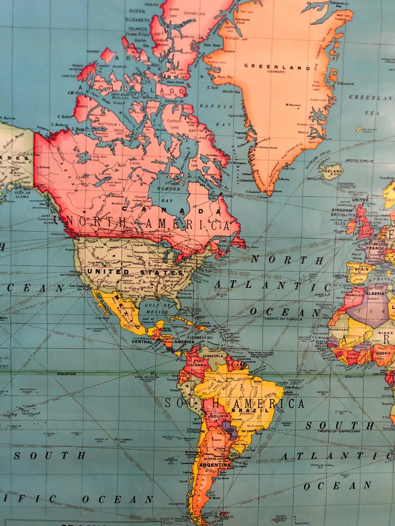 Delightful Big Retro Roller Wall Map of the World For Sale at 1stDibs