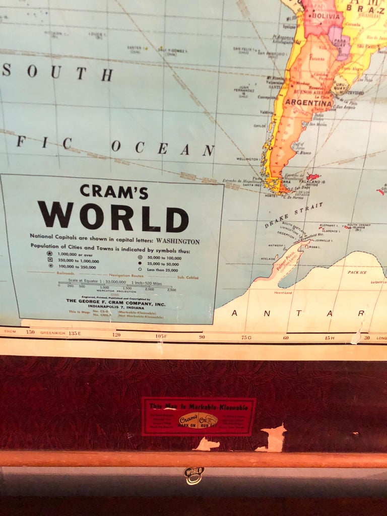 Delightful Big Retro Roller Wall Map of the World For Sale at 1stDibs