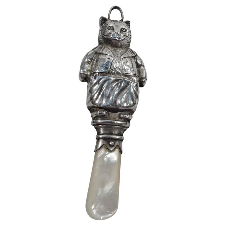 Delightful English Victorian Sterling Silver Kitty Cat Rattle For Sale ...