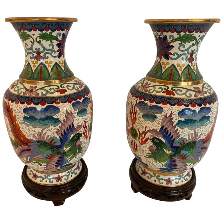 Delightful Pair of Colorful Asian Cloisonné Enamel Vases on Carved ...