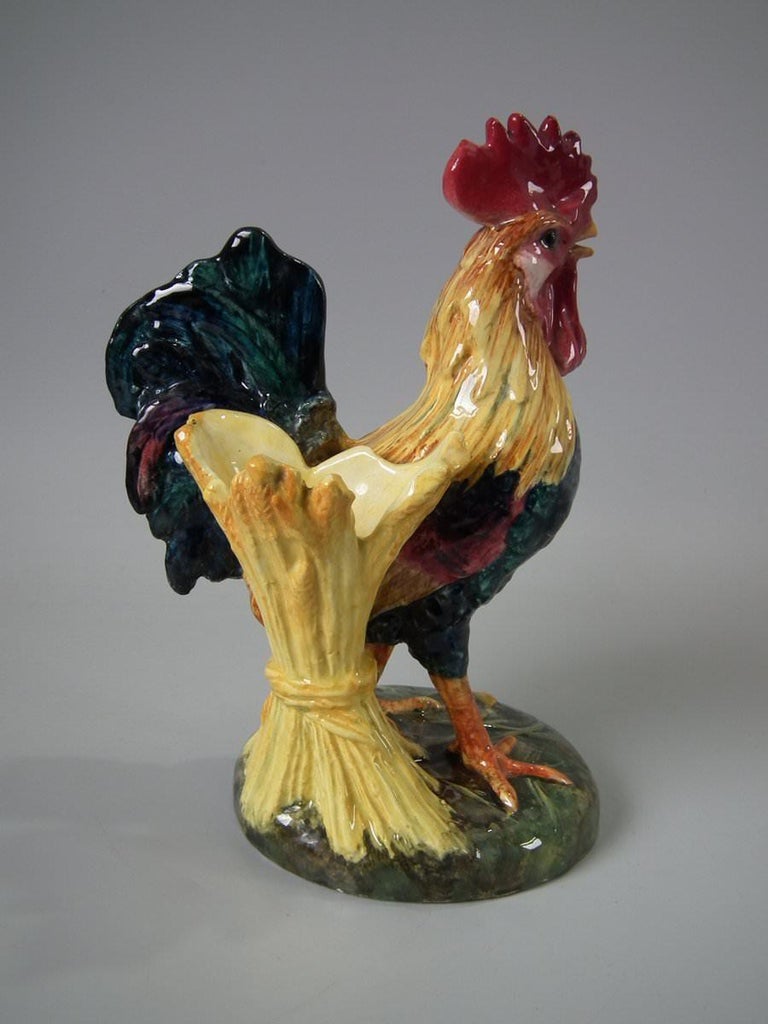 Delphin Massier Majolica Cockerel/Rooster Spill Vase at 1stDibs