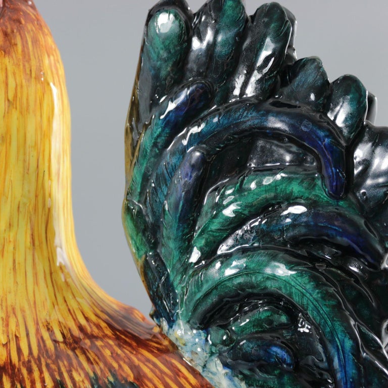 Delphin Massier Majolica Rooster / Cockerel Figural Vase For Sale at ...