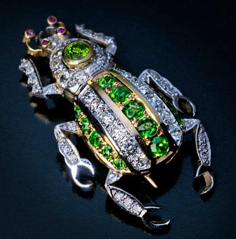 Demantoid Garnet Diamond Platinum Gold Insect Beetle Pin at 1stDibs