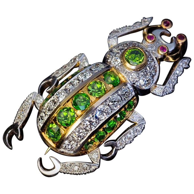 Demantoid Garnet Diamond Platinum Gold Insect Beetle Pin at 1stDibs