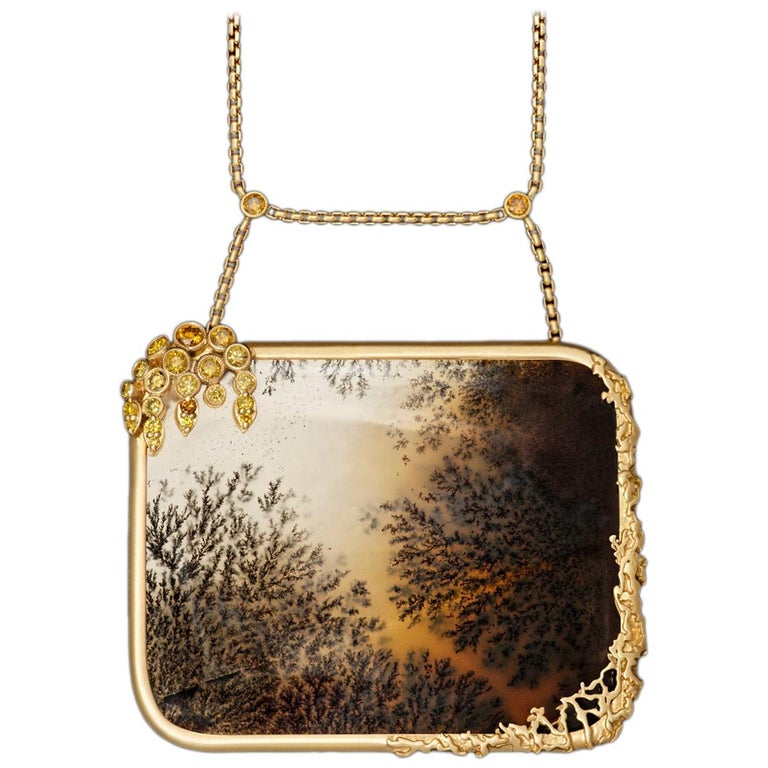 Dendritic Agate, Fancy Colored Canary Diamond and 18 Karat Gold Pendant ...