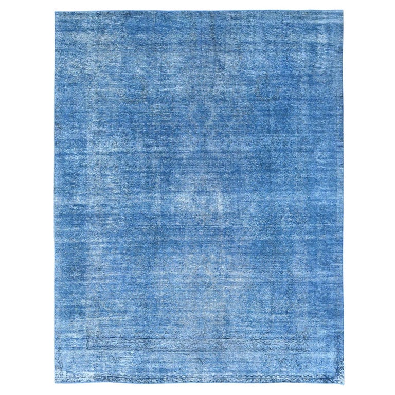 Denim Blue Old Persian Tabriz Worn Down Rustic Look Worn Wool Hand ...