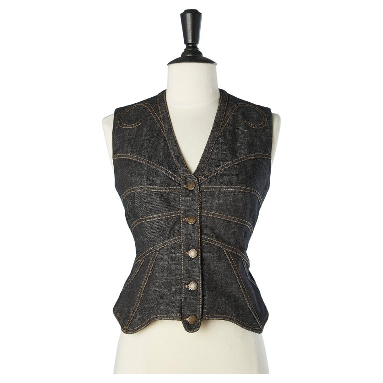 Denim waistcoat with top-stitching and leather laces in the middle back ...