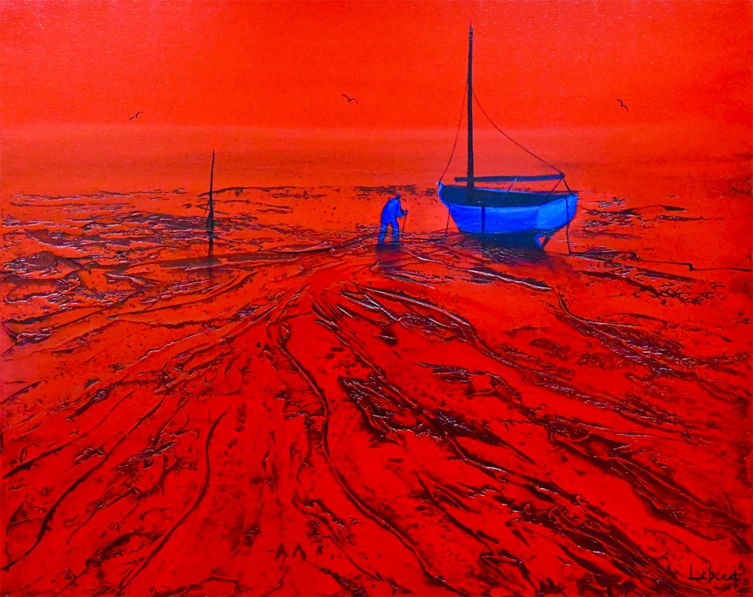 Denis Lebecq - À Droite - Boats In The Ocean - Red Painting by Denis ...
