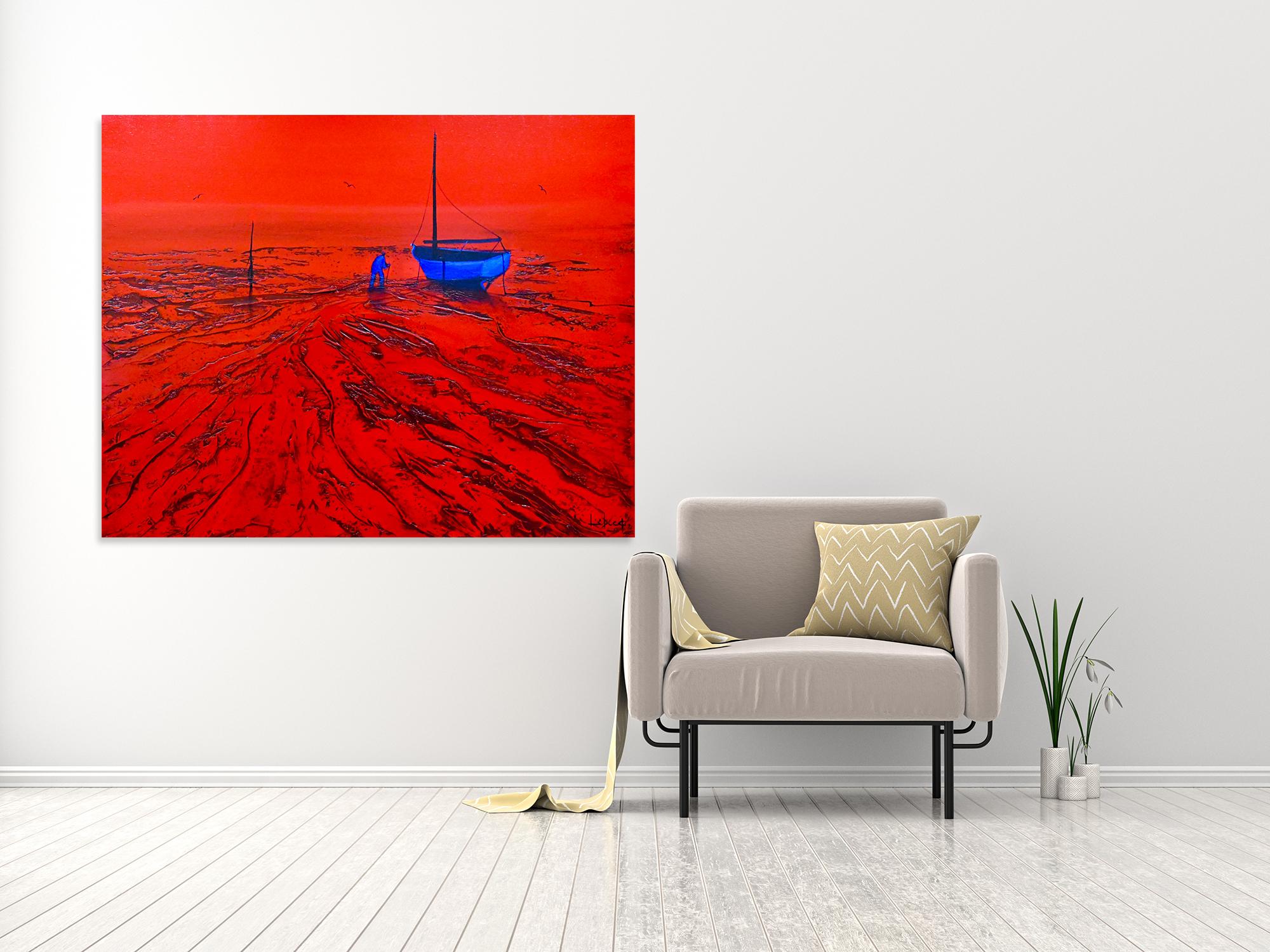 Denis Lebecq - À Gauche - Boats Seascape - Red Painting by Denis ...
