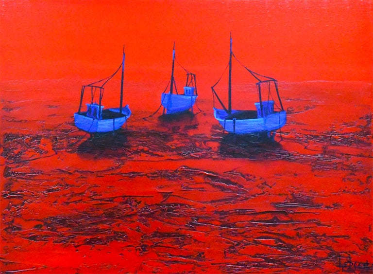 Denis Lebecq - Trois Bateaux - Ocean Landscape - Red Painting by Denis ...
