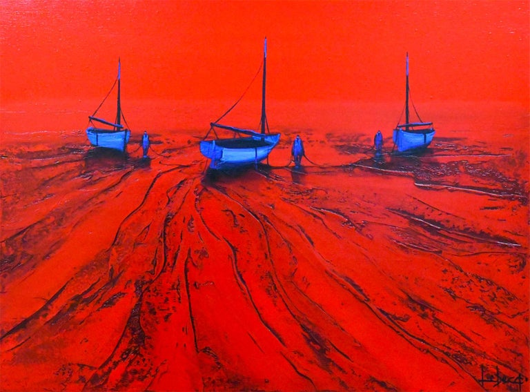 Denis Lebecq - Trois Bateaux Sur L'eau - Ocean Landscape - Red Painting ...