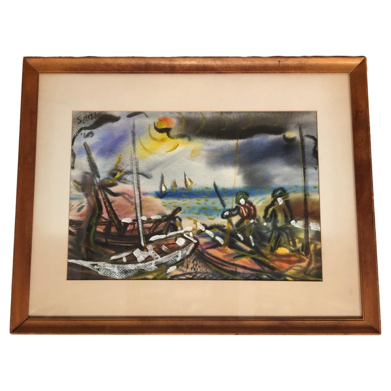 Departure for Fishing, Watercolor by Ed Sotello For Sale at 1stDibs