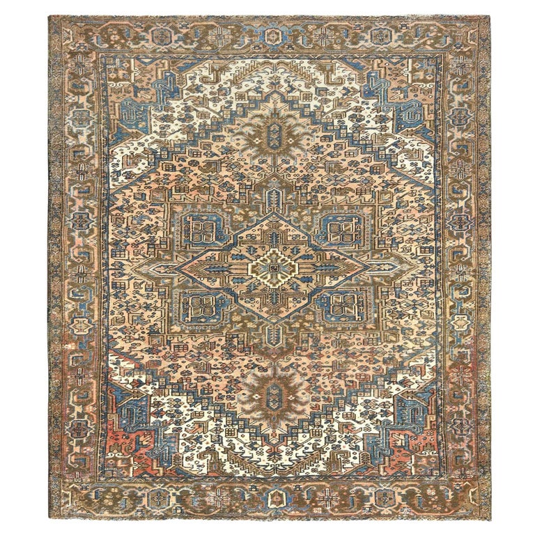 Desert Sand Worn Wool Hand Knotted Vintage Persian Heriz Rustic Look ...