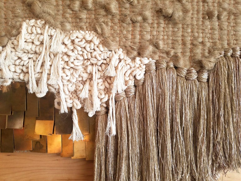 Neutral Fiber Art Weaving with Brass by All Roads For Sale at 1stDibs