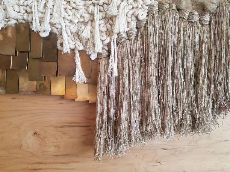 Neutral Fiber Art Weaving with Brass by All Roads For Sale at 1stDibs