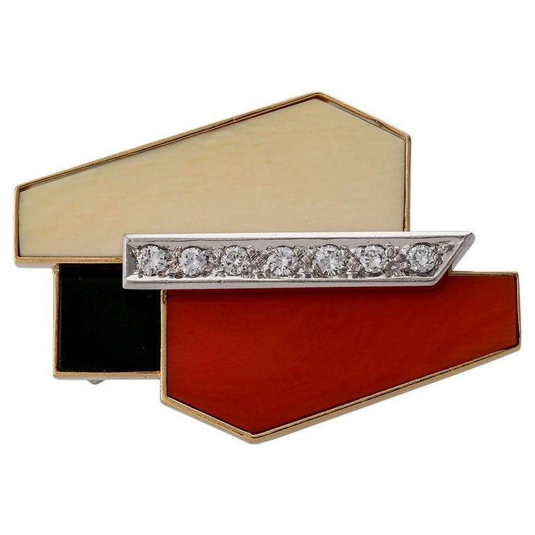 Design Cubist-Style Brooch with Brilliant-Cut Diamonds Totaling Approx ...