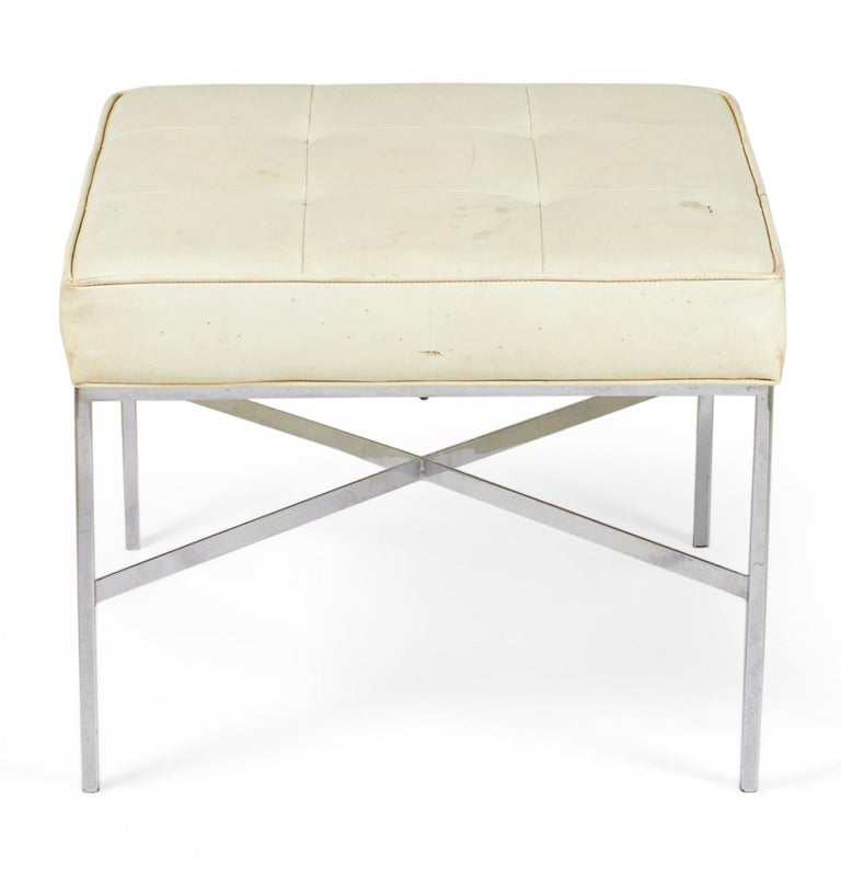 Design Institute of Chrome and Button Tufted White Vinyl Square Bench ...