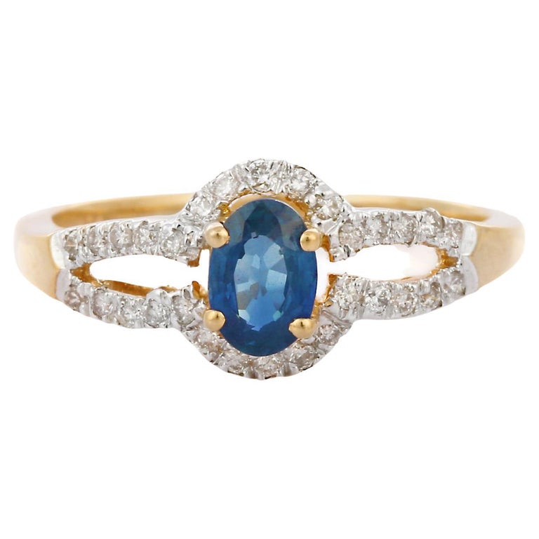 Customizable Blue Sapphire Diamond Engagement Ring Wedding Ring in 18K Solid Yellow Gold For ...