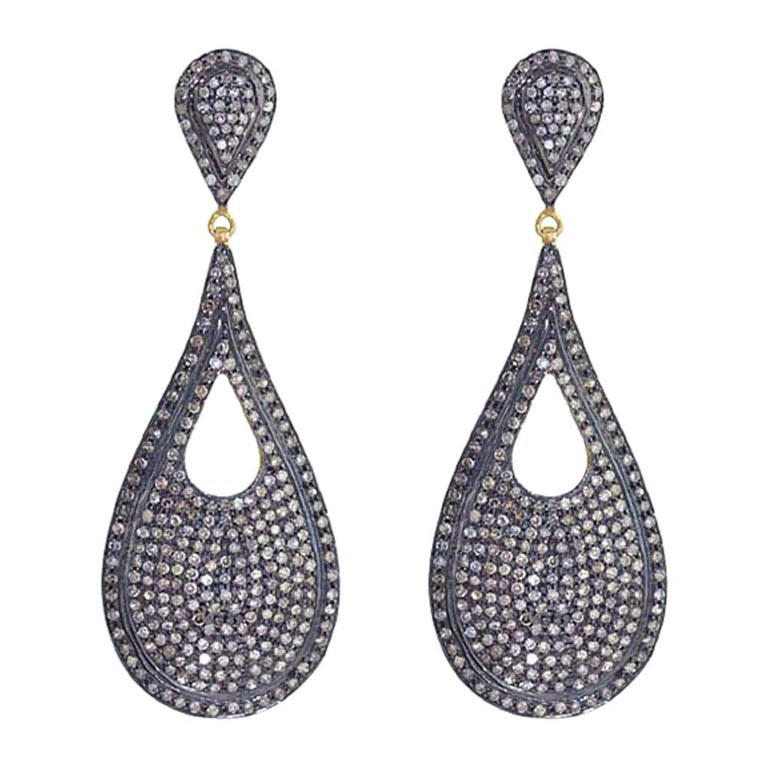 Designer Drop Shape Diamond Pave Earring in Silver and Gold with Black ...