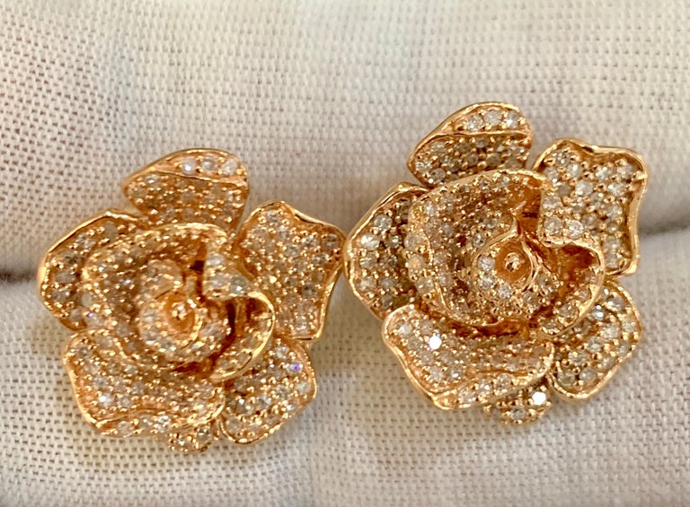 Designer Effy's Diamond Rose Flower Stud Omega back Earrings 14 Karat ...