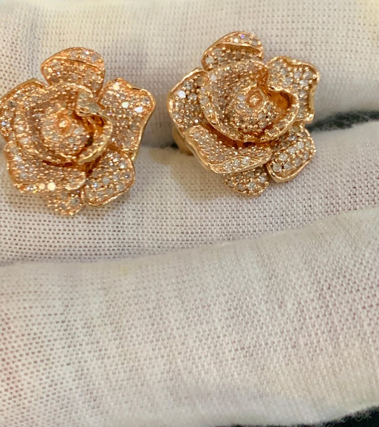 Designer Effy's Diamond Rose Flower Stud Omega back Earrings 14 Karat ...