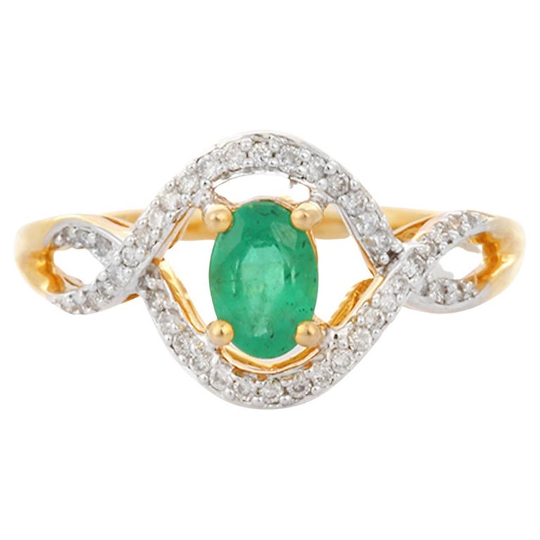 Customizable 0.48 ct Oval Cut Emerald and Diamond Loop Ring in 18K ...