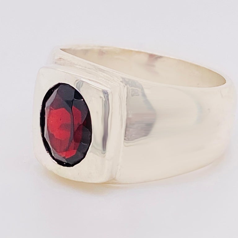 Designer Garnet Ring, Sterling Silver, Wide Band, Handmade Bezel-Set ...
