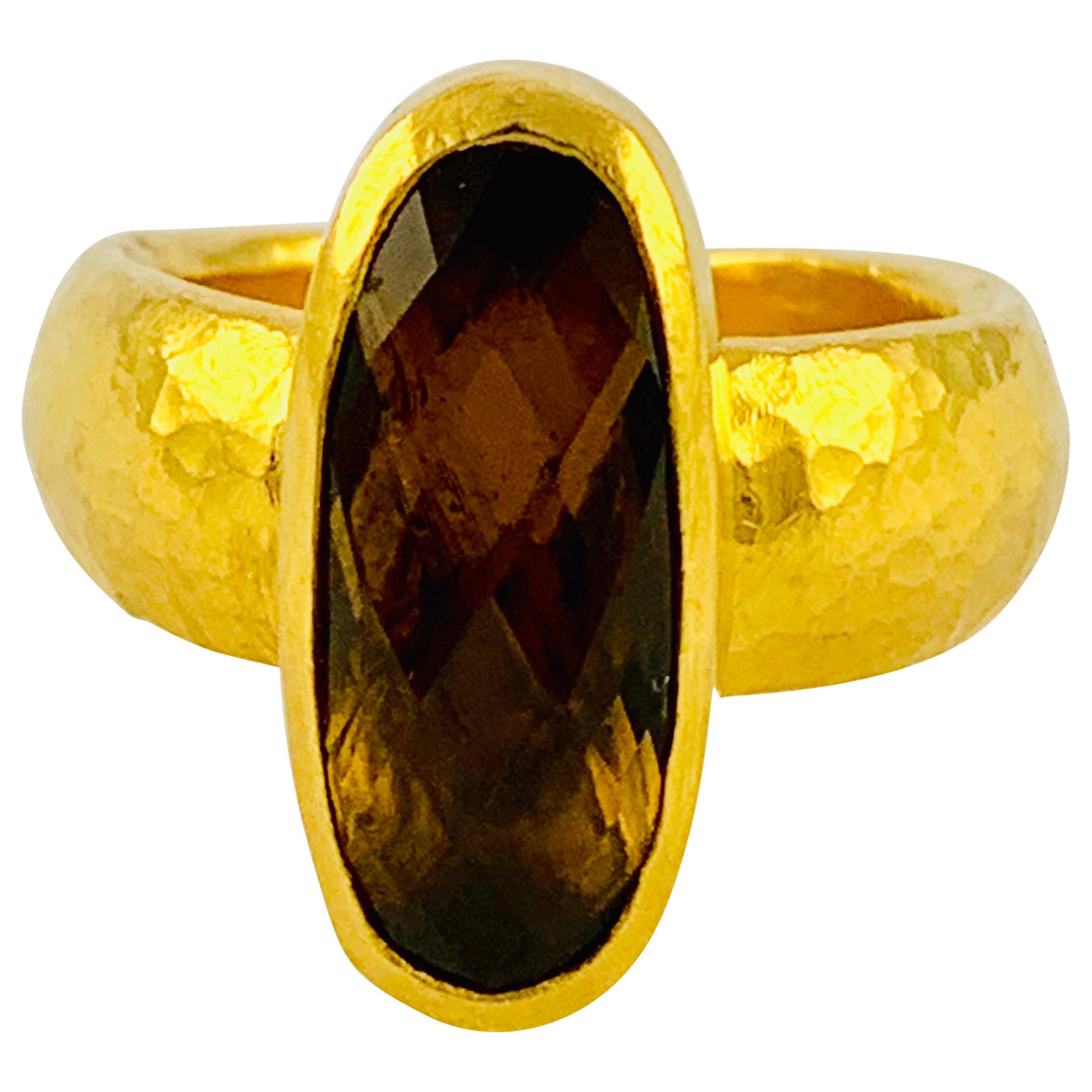 Designer Gurhan Hammered 24 Karat Yellow Gold and Smoky Quartz Ring at ...