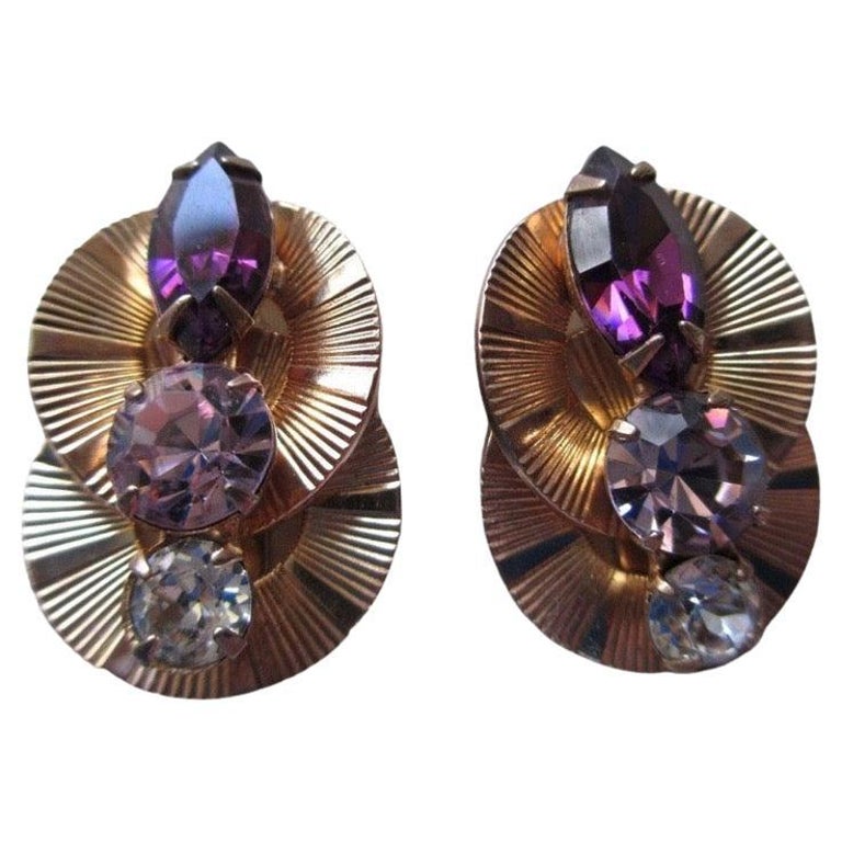 Hobe` Art Deco Double Fan Three Stone Clip - On Earrings Circa. The ...