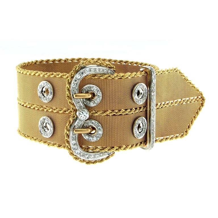 Designer Italian Diamond Mesh Two-Color Gold Buckle Bracelet at 1stDibs