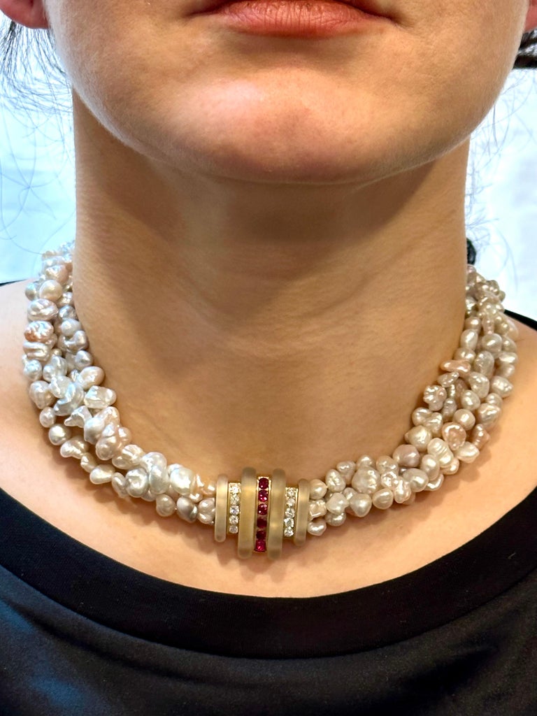 Designer Lagos Diamond and Ruby Brooch& Pearls Necklace 14k Yellow Gold ...