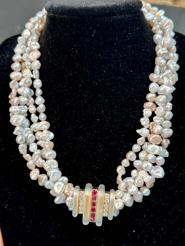 Designer Lagos Diamond and Ruby Brooch& Pearls Necklace 14k Yellow Gold ...