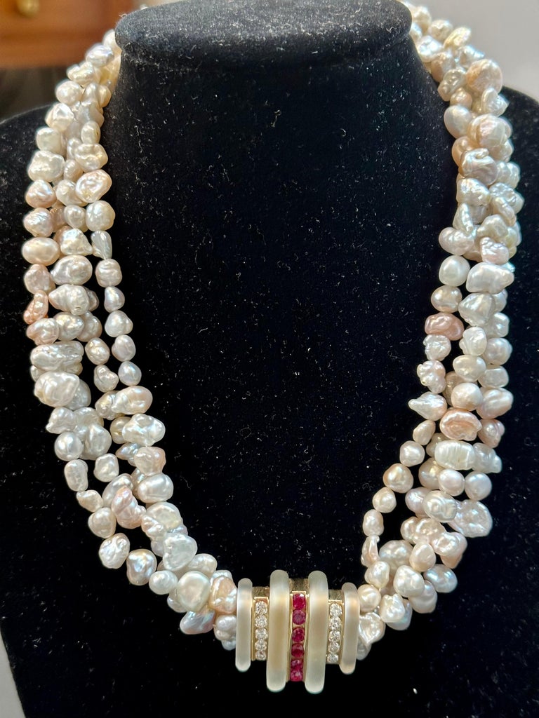 Designer Lagos Diamond and Ruby Brooch& Pearls Necklace 14k Yellow Gold ...
