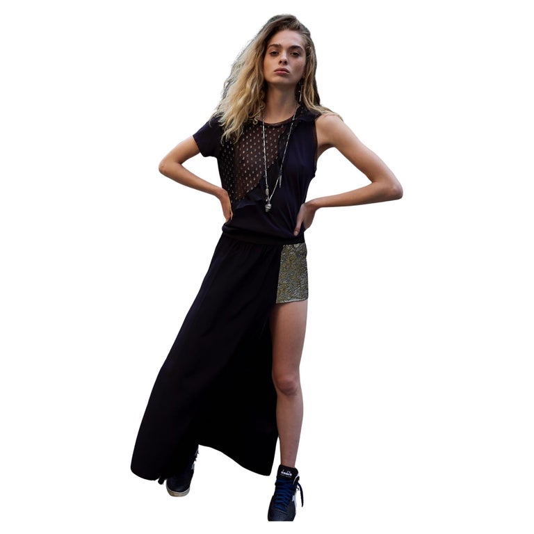 Designer Long Open leg Skirt Black Silk Silver Brocade Small For Sale ...