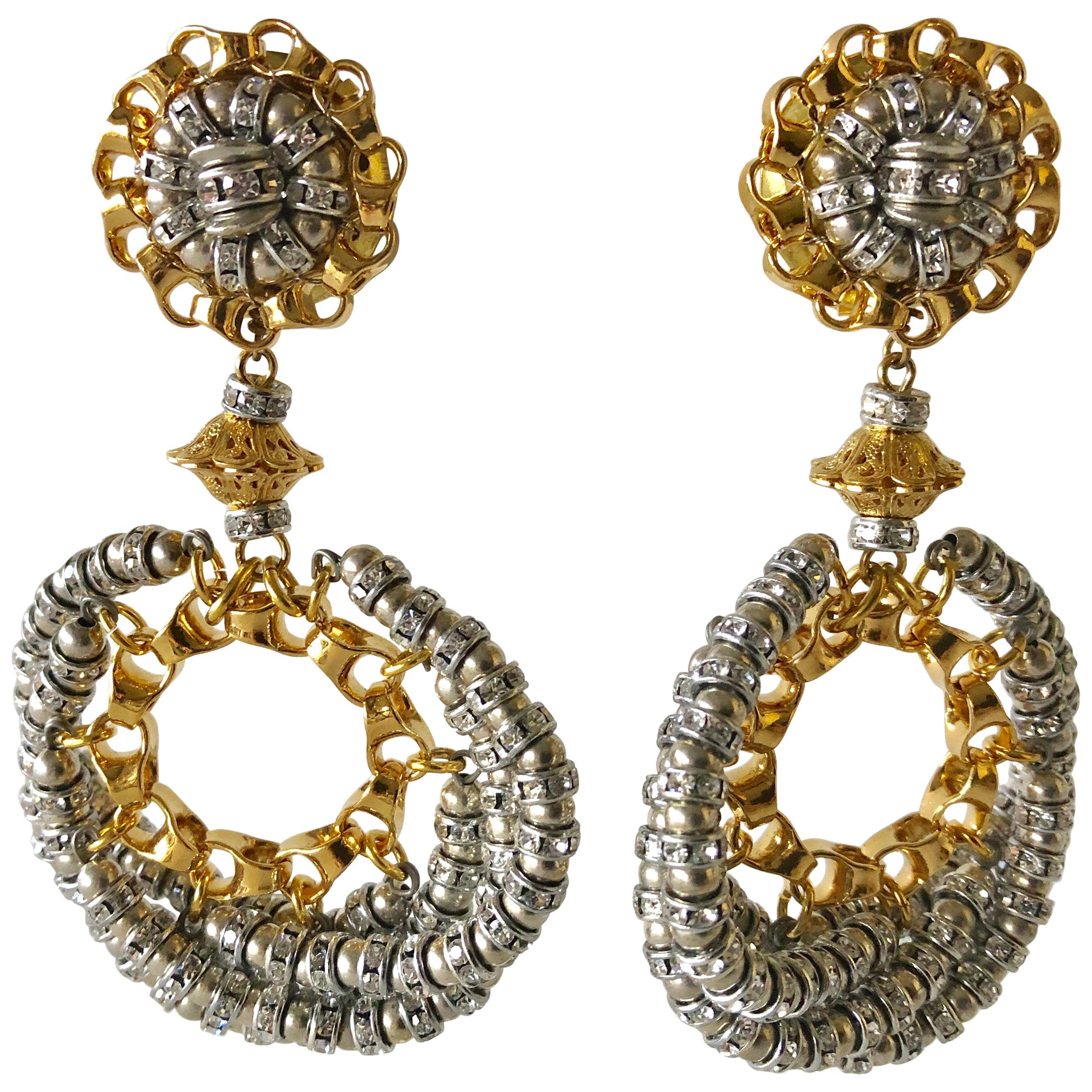 Designer Mix Metal Diamanté Architectural Statement Earrings at 1stDibs