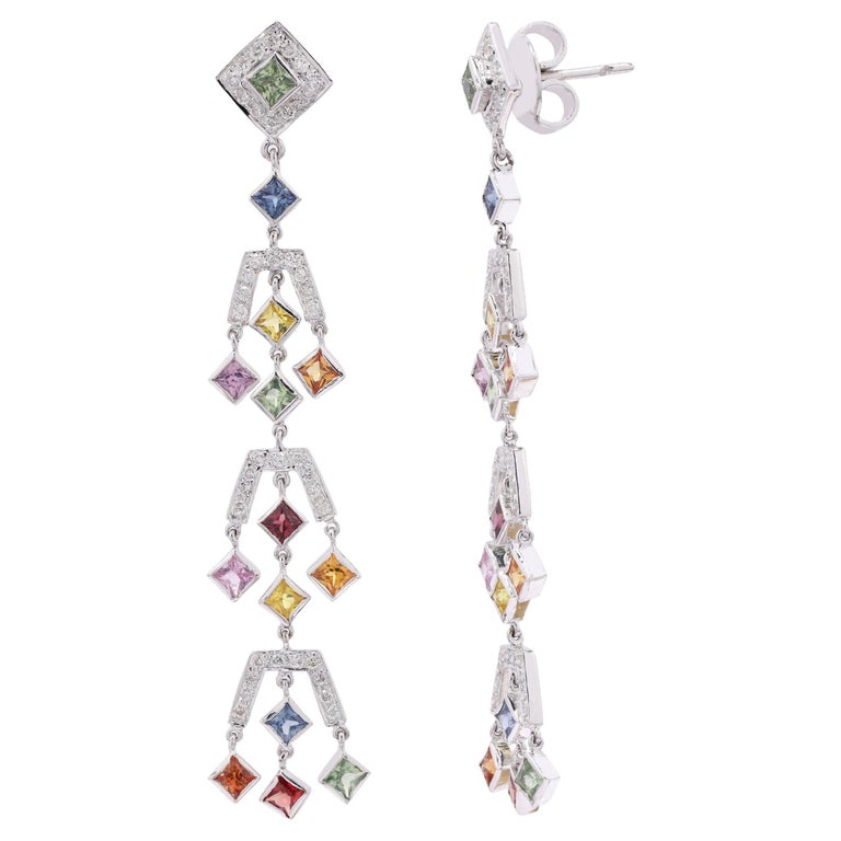 Designer Multi Sapphire and Diamond Shoulder Duster Earrings in 18K ...
