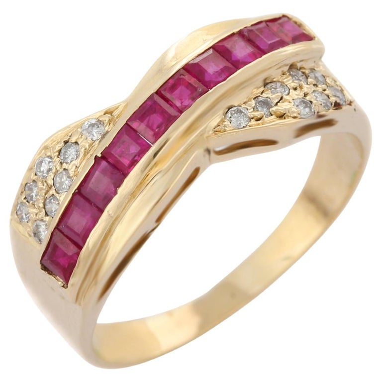 Customizable Designer Natural Ruby and Diamond Band, 14K Yellow Gold ...