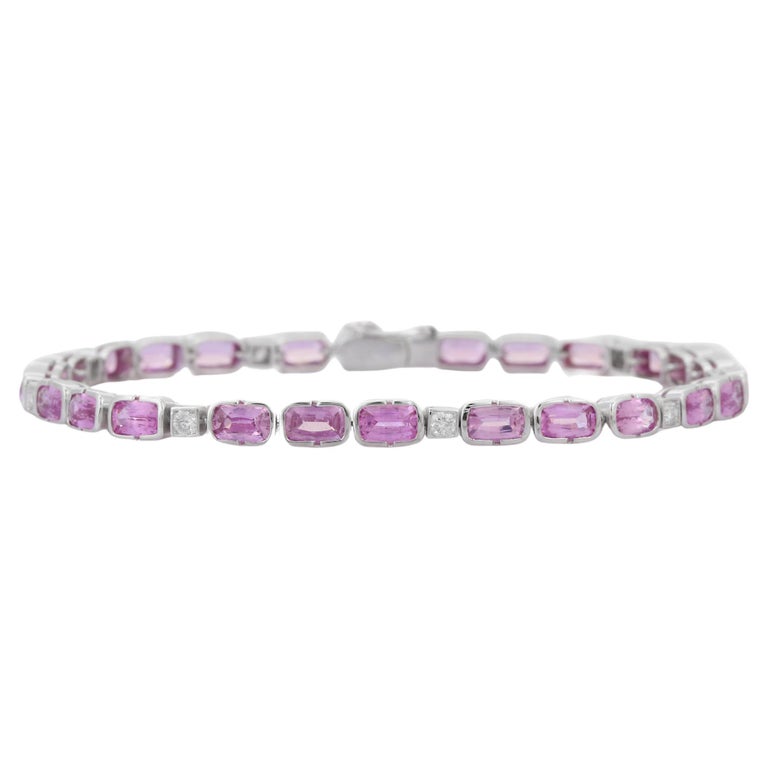 Designer Pink Sapphire and Diamond Tennis Bracelet in 18K Solid White ...