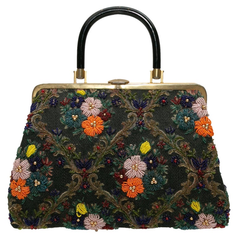 Designer Revival Black and Multicolor Floral Beaded Handbag For Sale at ...