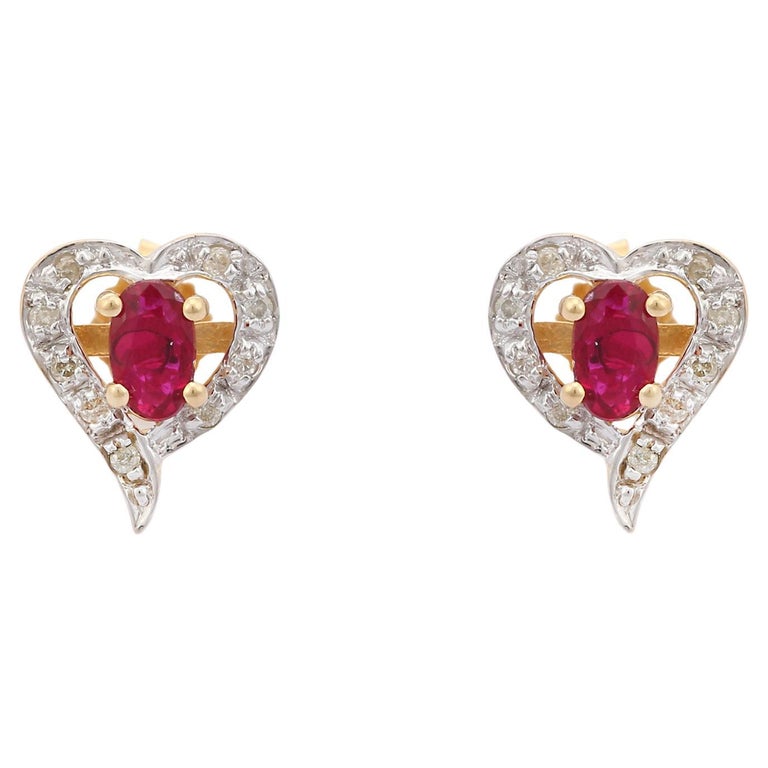 Designer Ruby Diamond Heart Stud Earrings in 14K Solid Yellow Gold For ...
