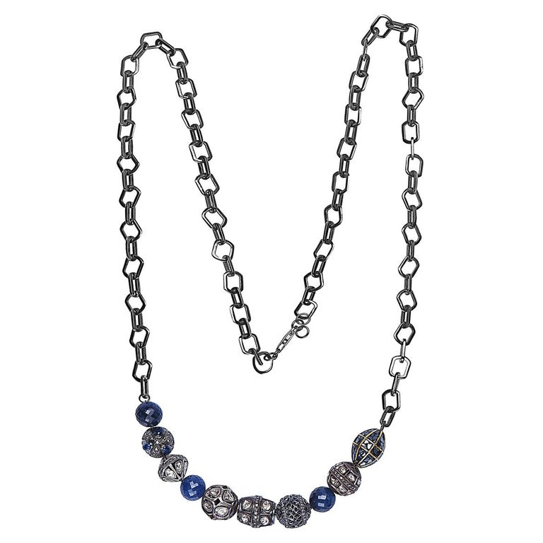 Designer Sapphire and Silver and Diamond Beaded Necklace with Link ...