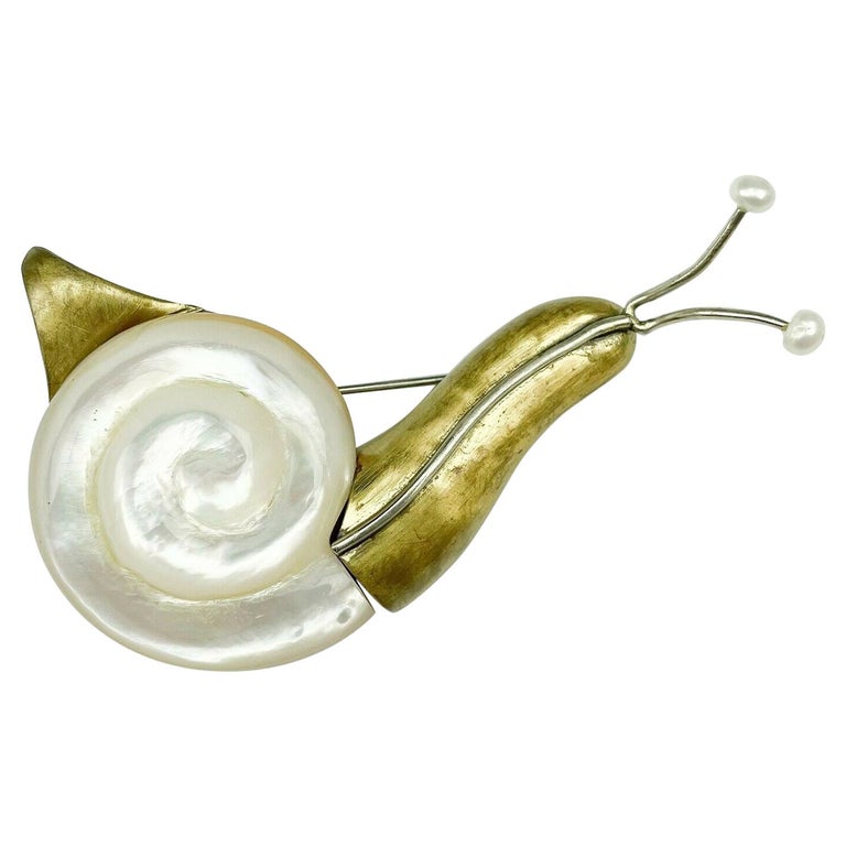 Designer Signed Fabrice Paris Mother Pearl Brass Snail Gold Tone Brooch ...