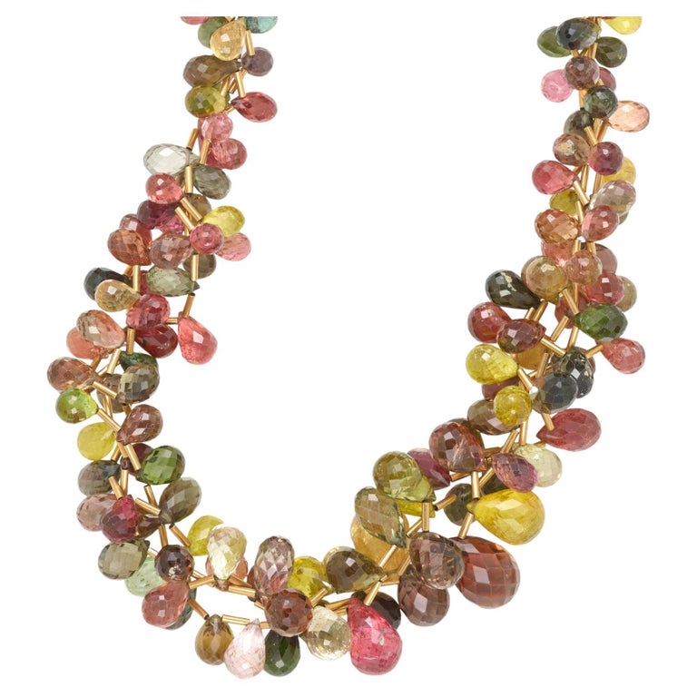 Designer Three Strand Multicolor Tourmaline 18K Gold Necklace For Sale ...