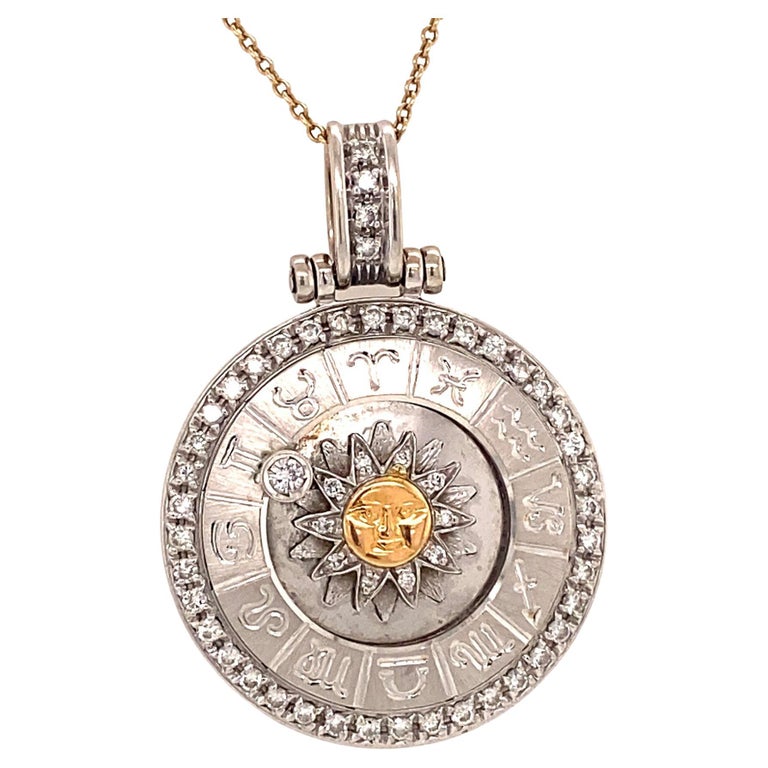 Designer Zodiac Sun Pendant Moveable Diamonds 18K White Yellow Gold For ...