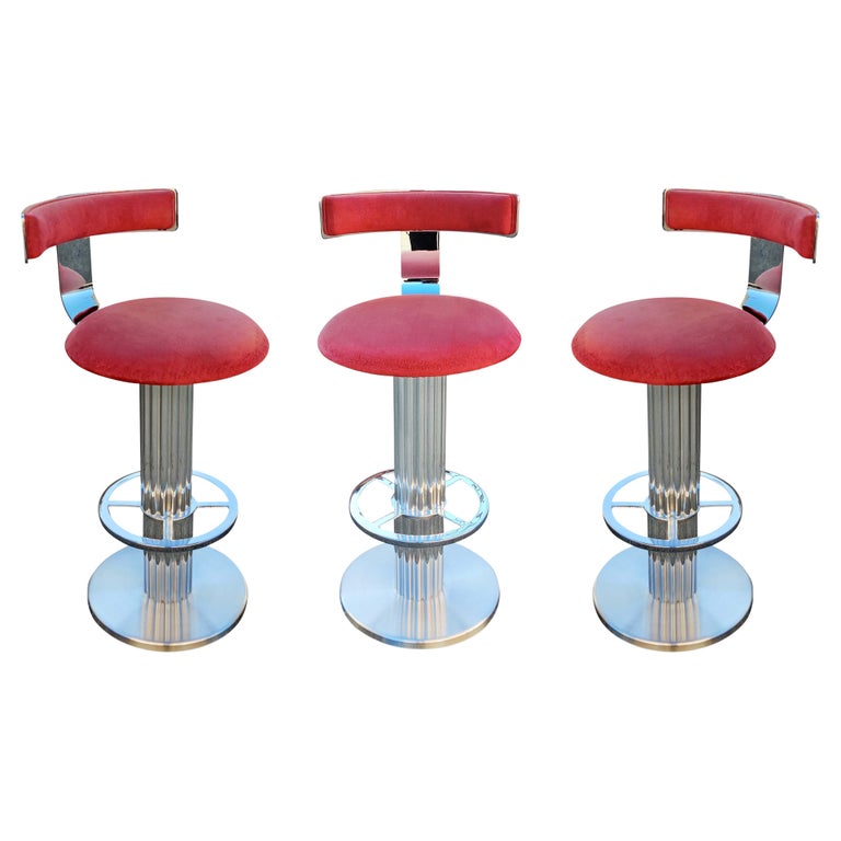 Designs for Leisure, 3 Brushed Stainless Steel Bar Stools 1980s, Set of ...