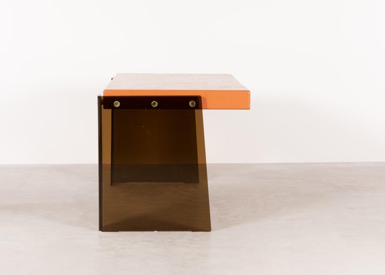 Desk in Smoked Plexiglass and Orange Leather, France, 1975 at 1stDibs