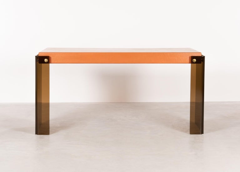 Desk in Smoked Plexiglass and Orange Leather, France, 1975 at 1stDibs